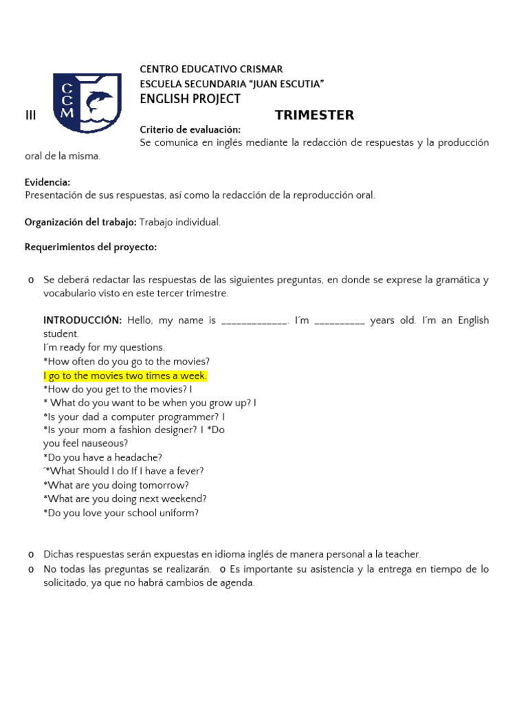 Proyecto de Inglés: Práctica Oral 3° A | PDF