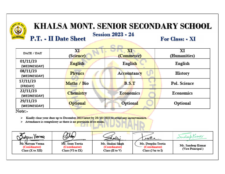 Pt-II Date Sheet Class Xi | PDF
