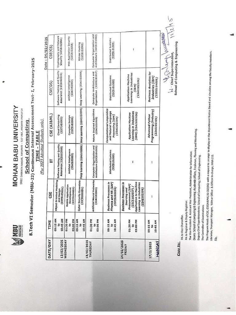 Revised CIAT-1 (Semester VI) Time Table Feb 2025-2 | PDF
