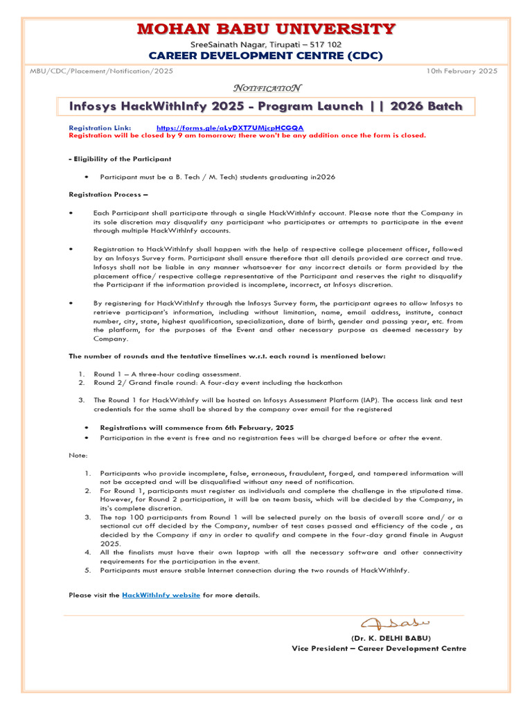 Infosys - HackWithInfy 2025 Registration - MBU - 2026 - Batch ...