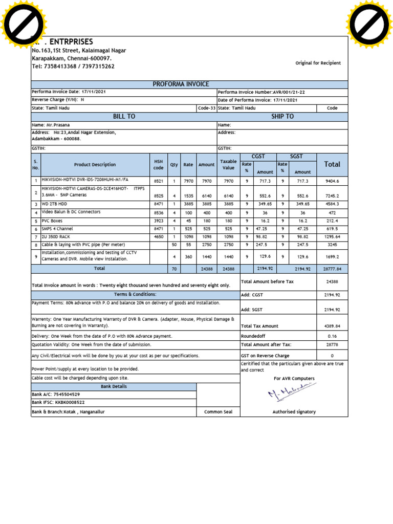 Proforma Invoice for CCTV Equipment | PDF
