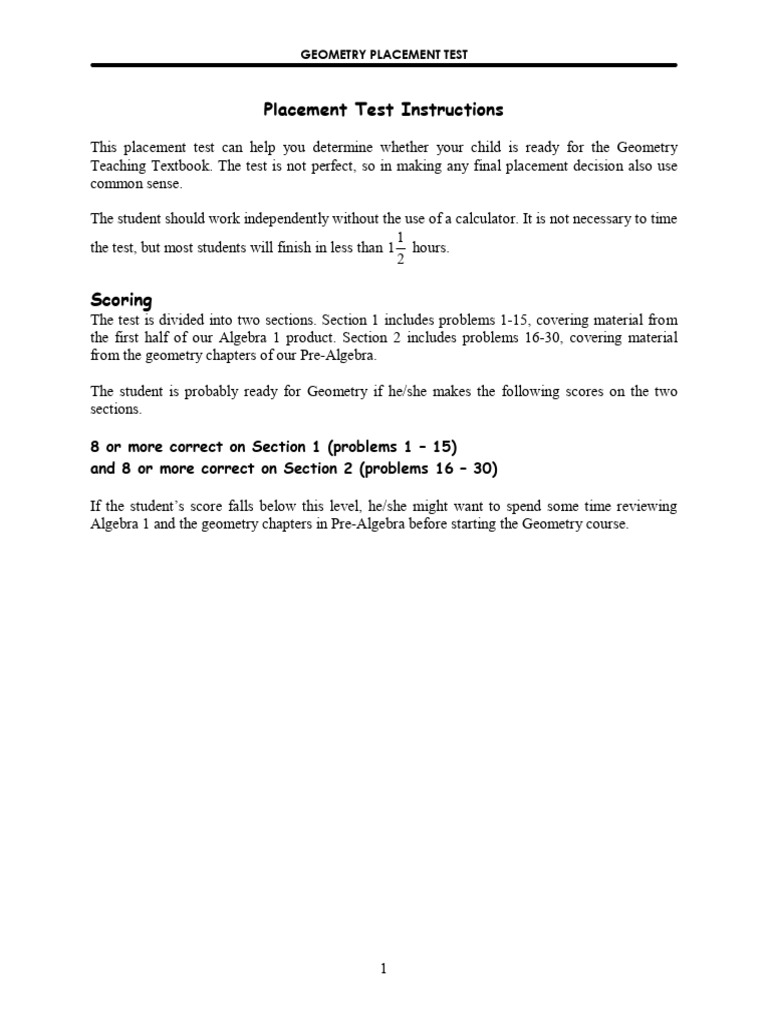 Geometry Placement Test | PDF | Geometry | Area