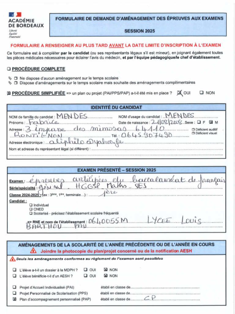MENDES Fabrice Demande Aménagement Des Épreuves Aux Examens (1) | PDF