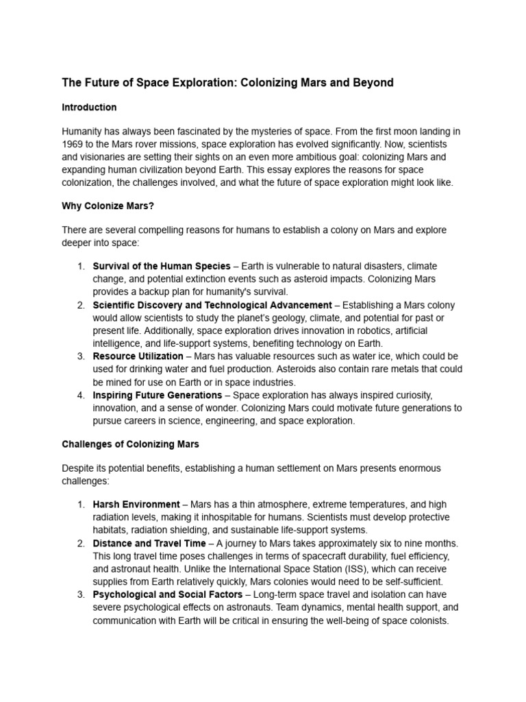 The Future of Space Exploration - Colonizing Mars and Beyond | PDF ...