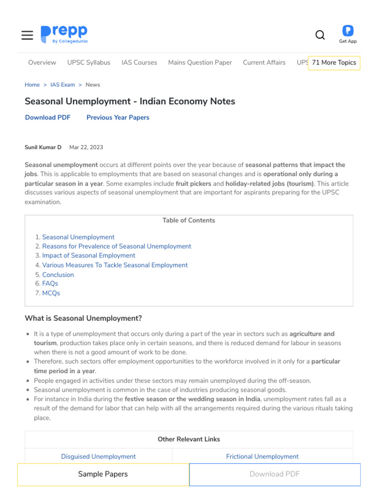 Seasonal Unemployment - Indian Economy Notes | PDF | Unemployment ...