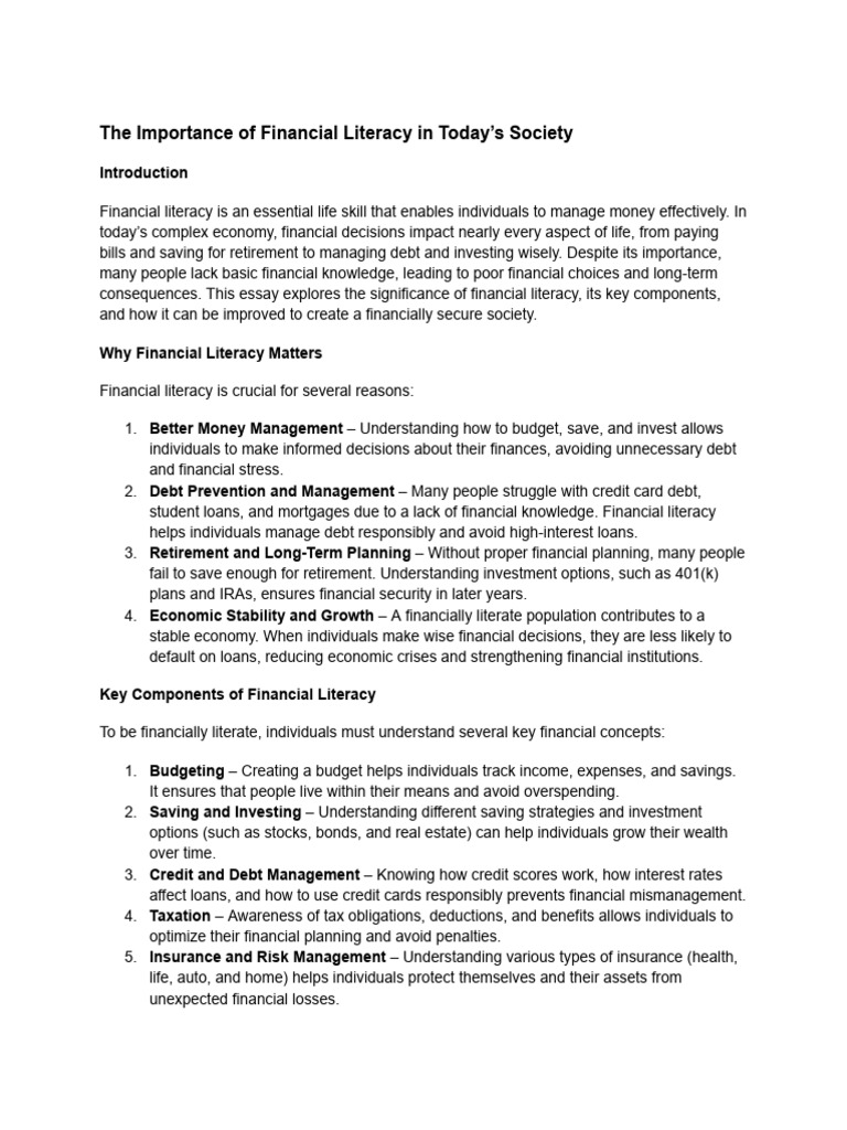 The Importance of Financial Literacy in Today's Society | PDF ...