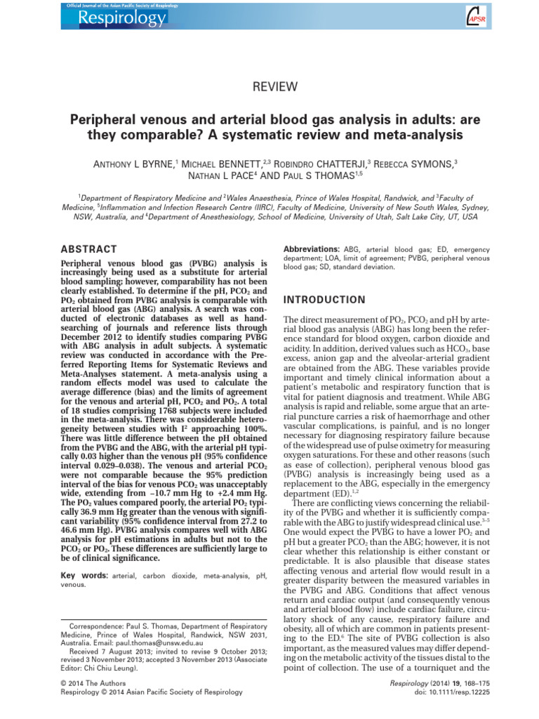 Respirology - 2014 - Byrne - Peripheral Venous and Arterial Blood Gas ...