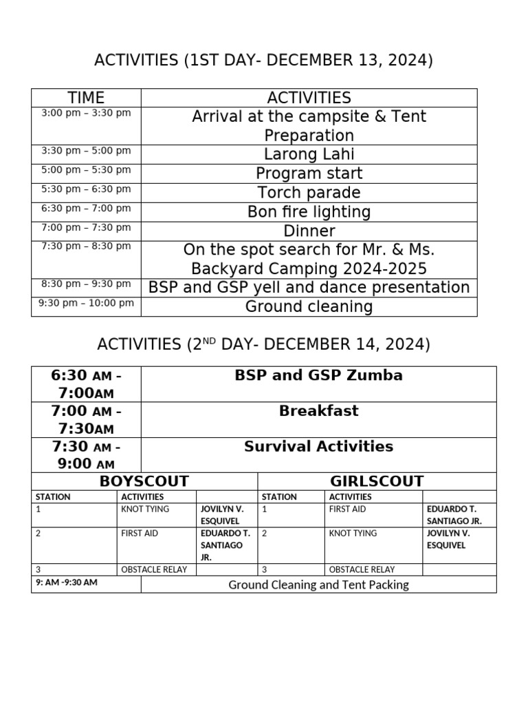 Backyard Camping Activities Schedule | PDF