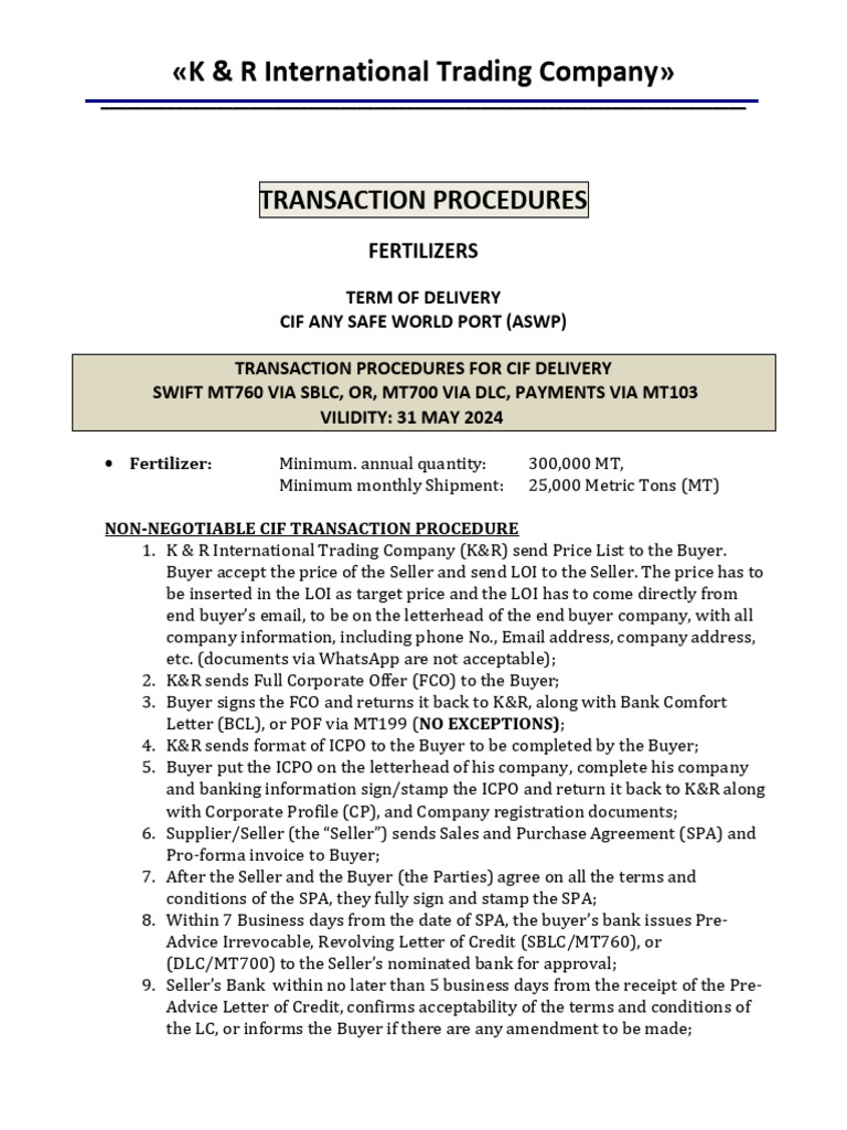 Fertilizer CIF Transaction Guide | PDF | Letter Of Credit | Business