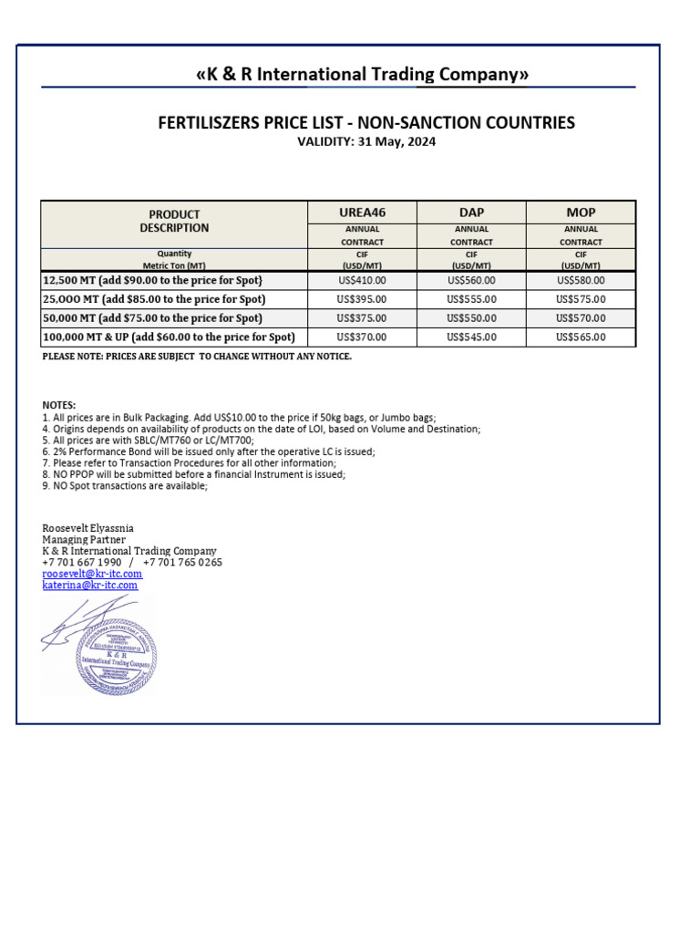 Fertilizers Price List for 2024 | PDF | Private Law | Trade