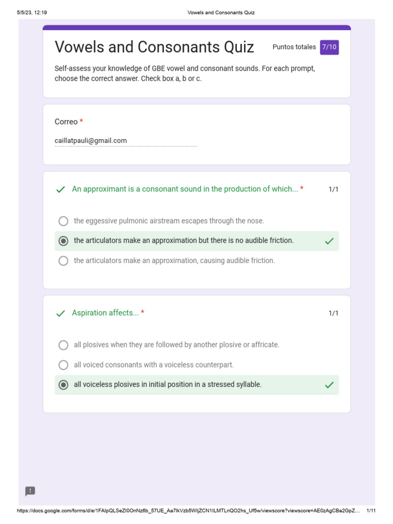 GBE Vowels and Consonants Quiz | PDF | Consonant | Vowel