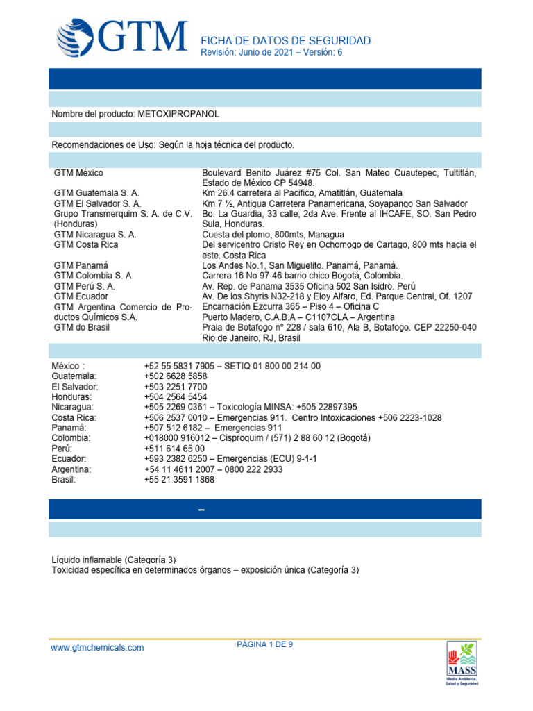 FDS METOXIPROPANOL GTM Revisión 6 | PDF