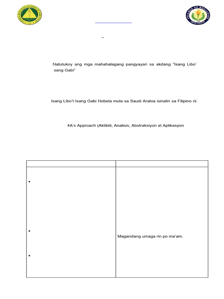 MASUSING BANGHAY ARALIN SA PAGTUTURO SA FILIPINO 9 Isang Libo't - 1 | PDF
