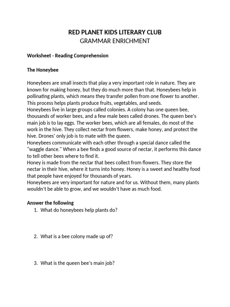 Honeybee Reading Comprehension Worksheet | PDF | Honey Bee | Bees