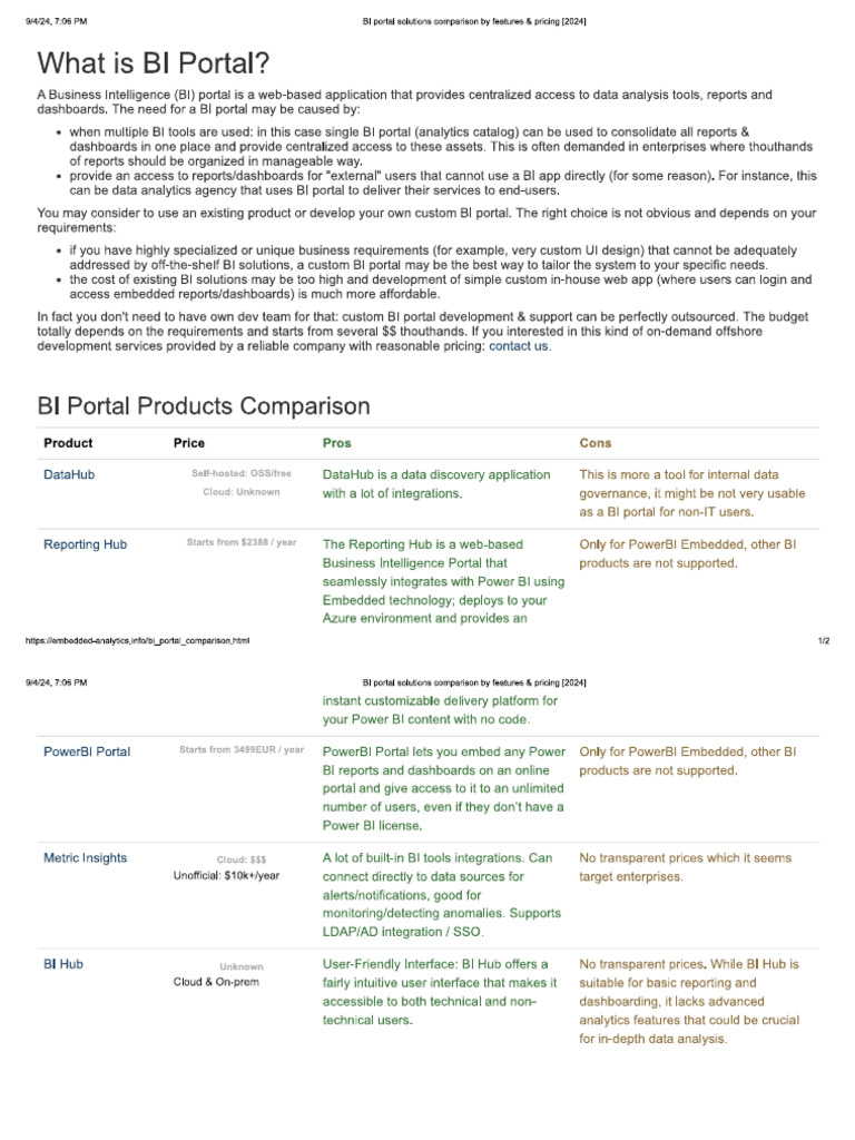 BI Portal Products Comparison | PDF