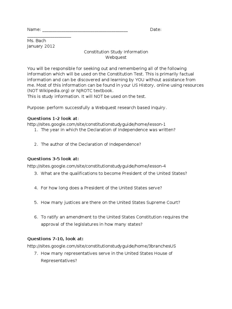 Constitution Study Guide Student Webquest | United States Constitution ...