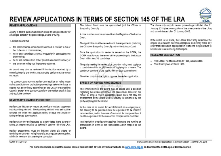 Review Applications in Terms of Section 145 of The LRA Info Sheet 2018 ...