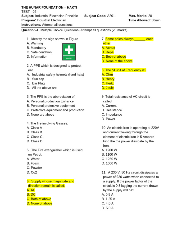 MONTHLY TEST (A201) - Feb-B-18 | PDF | Voltage | Electric Power