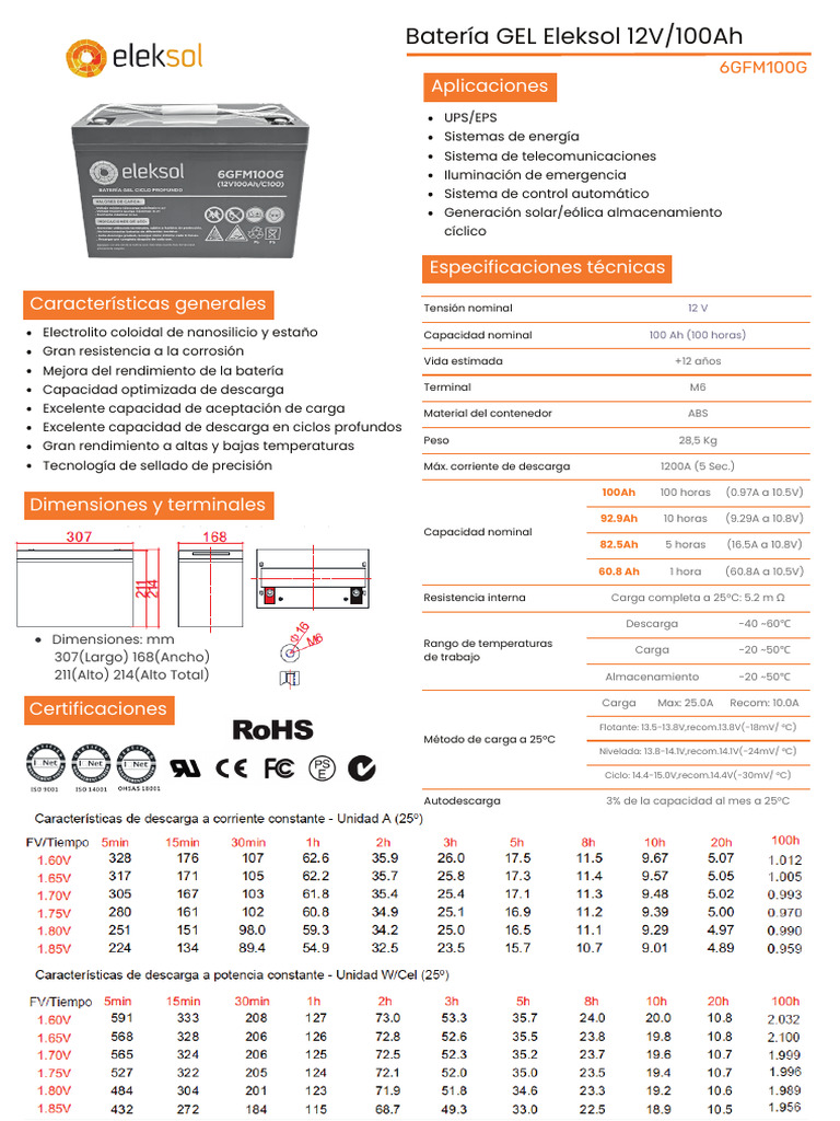Ficha Técnica (6gfm100g) Batería Gel Eleksol 12v100ah | PDF ...