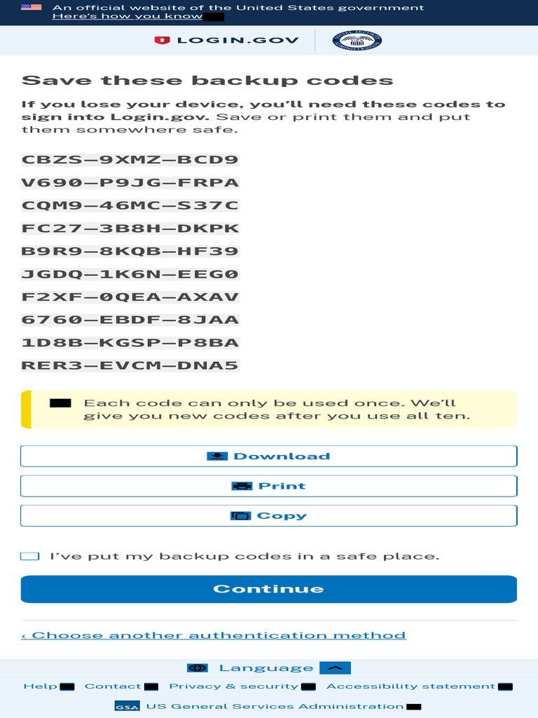 Save These Backup Codes Login - Gov | PDF