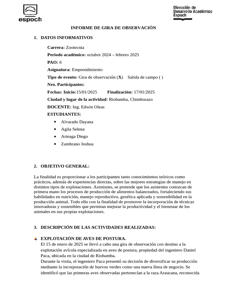 Gira de Observación en Zootecnia: Aves y Alimentos | PDF | Alimentos ...
