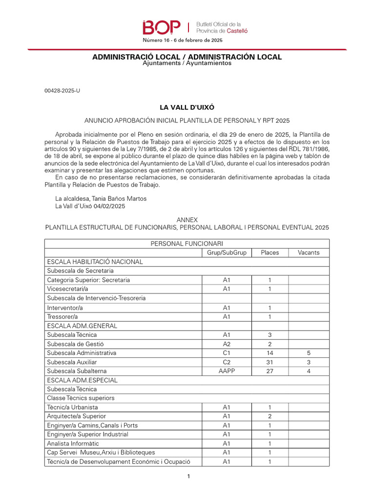 Anunci BOP RPT I Plantilla Provisional 2025. La Vall | PDF