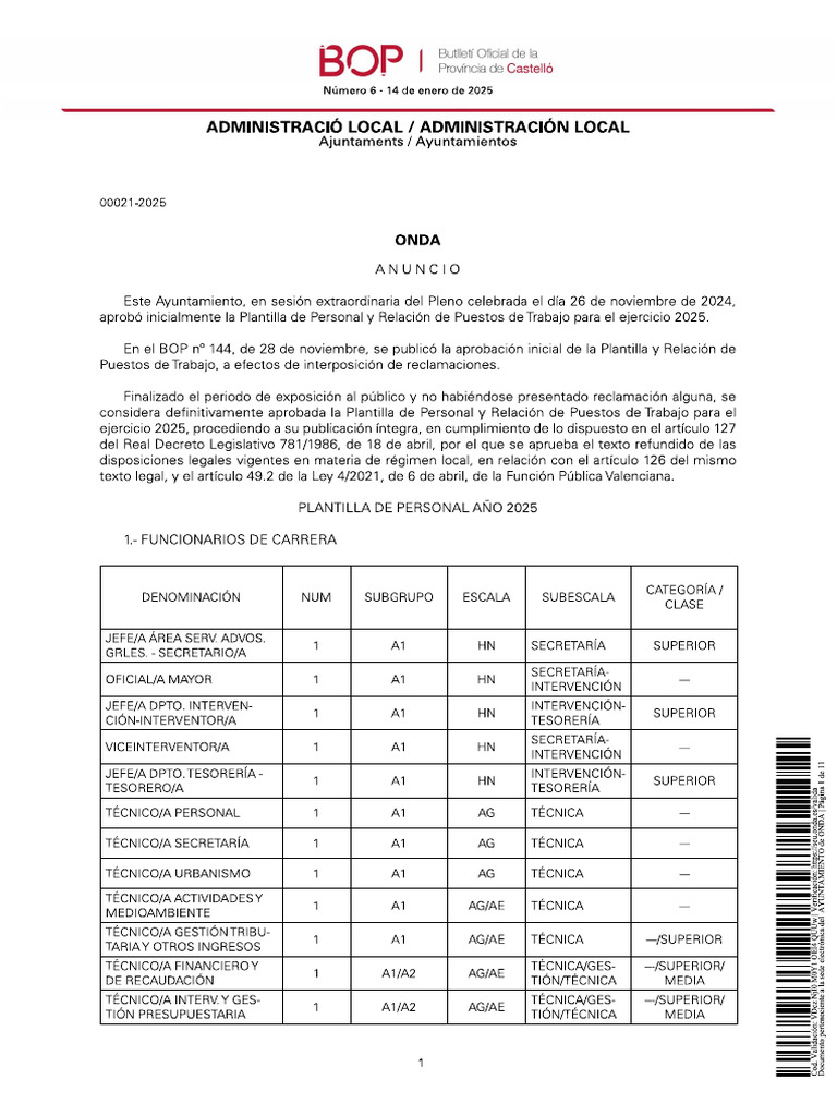Anunci BOP RPT I Plantilla Provisional 2025. Onda | PDF