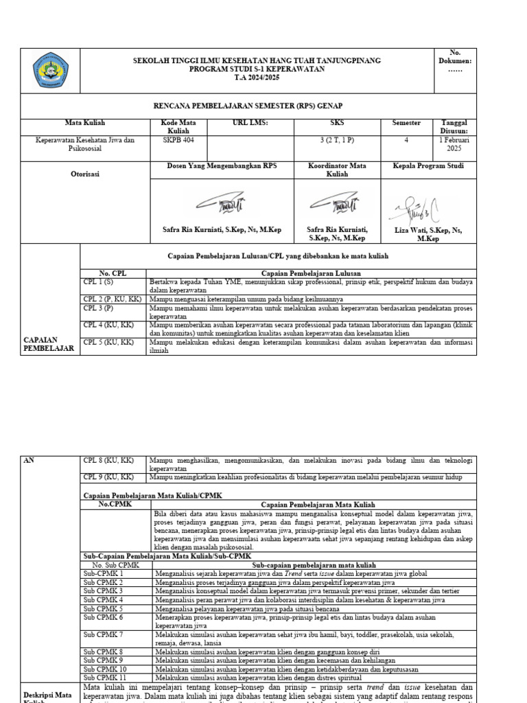 RPS Keperawatan Kesehatan Jiwa Dan Psikososial 24-25 | PDF