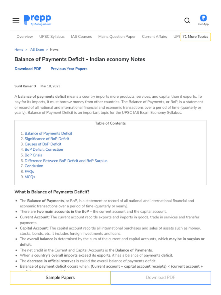 Balance of Payments Deficit - Indian Economy Notes | PDF | Balance Of ...