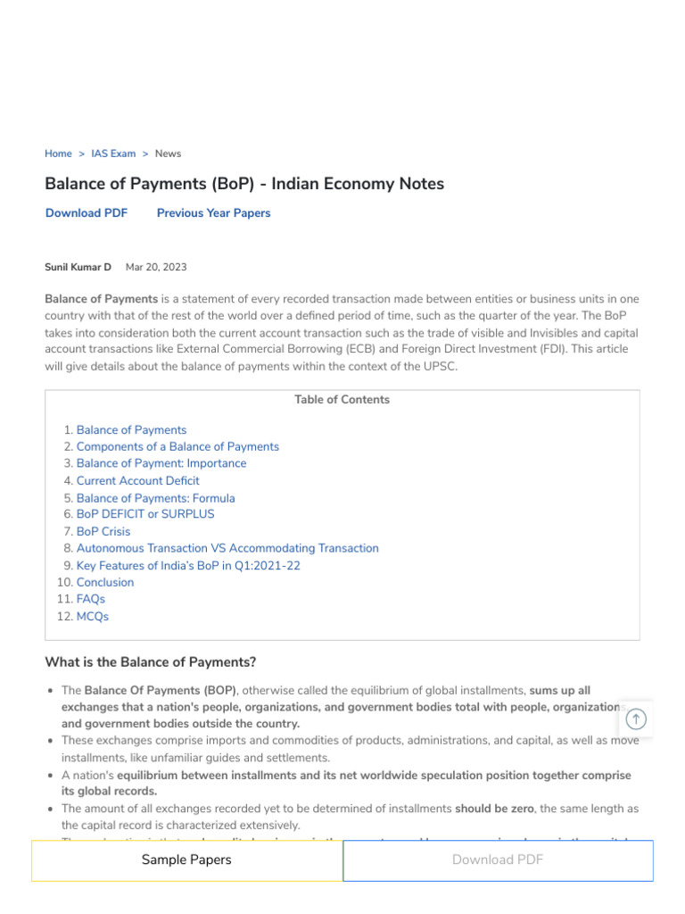 Balance of Payments (BoP) - Indian Economy Notes | PDF | Balance Of ...