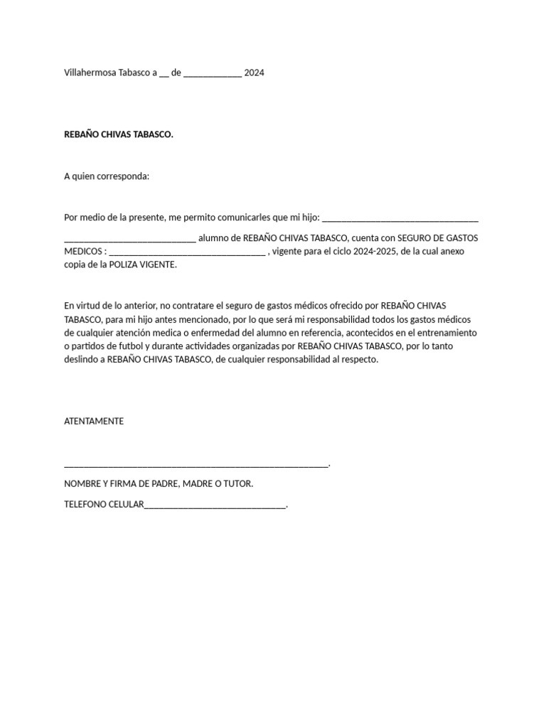 Carta Responsiva Seguro de Gastos Medicos | PDF