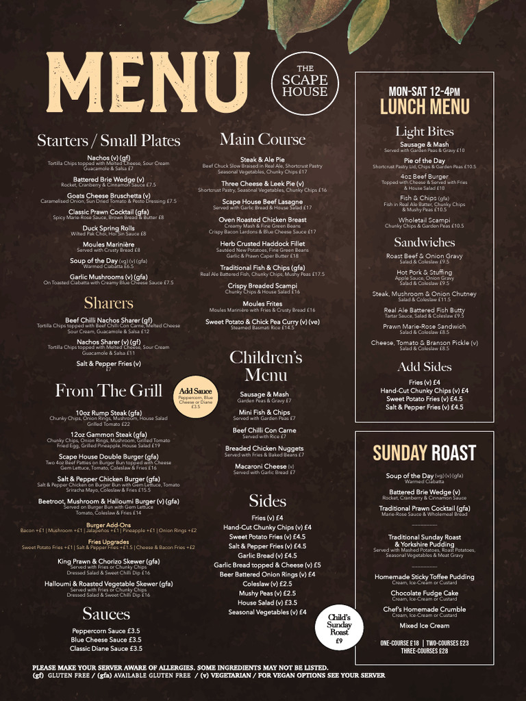 Scape House New Menu A3 | PDF | Hamburgers | French Fries
