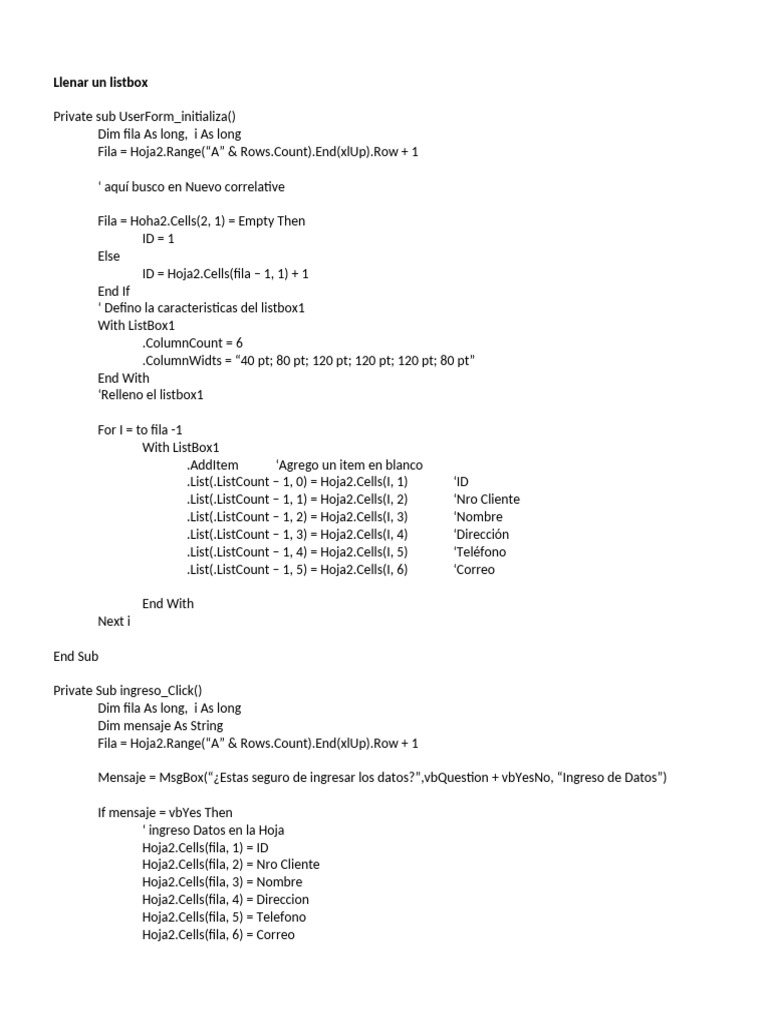 Código VBA para ListBox en Excel | PDF