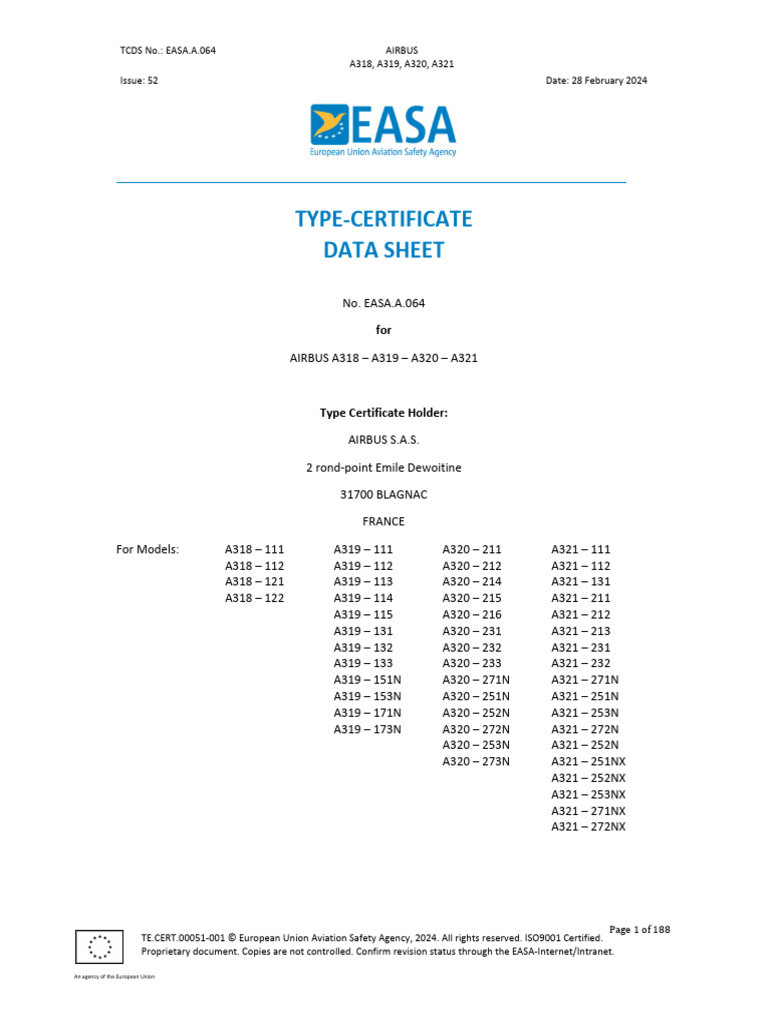 TCDS EASA A 064 Airbus A318 A319 A320 A321 Iss 52 | PDF | Transport | Aerospace