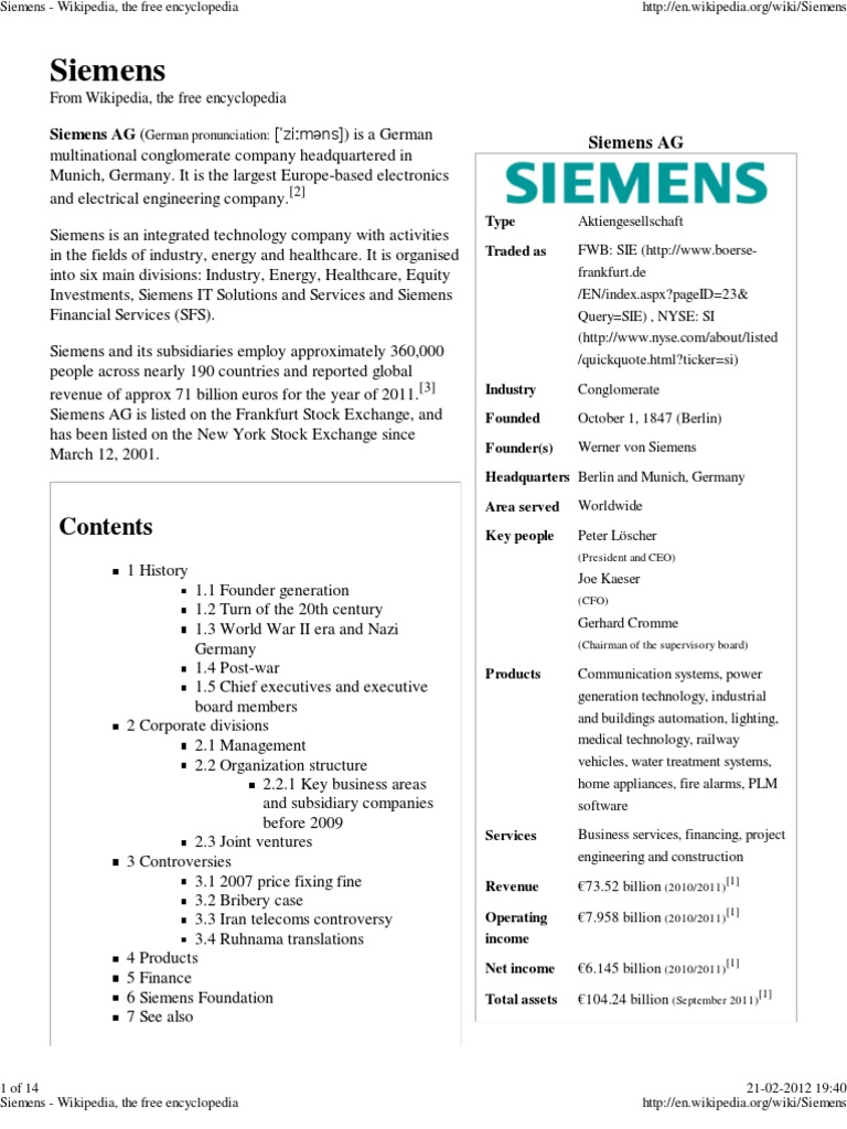 Siemens - Wikipedia, The Free Encyclopedia | PDF | Siemens | Business