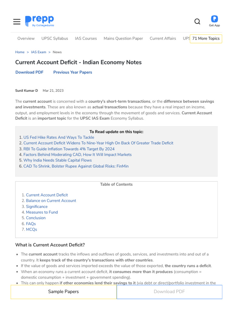 Current Account Deficit - Indian Economy Notes | PDF | Balance Of Trade ...