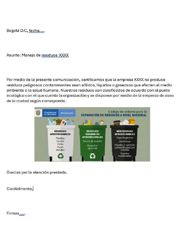 Modelo de Carta Manejo de Residuos | PDF