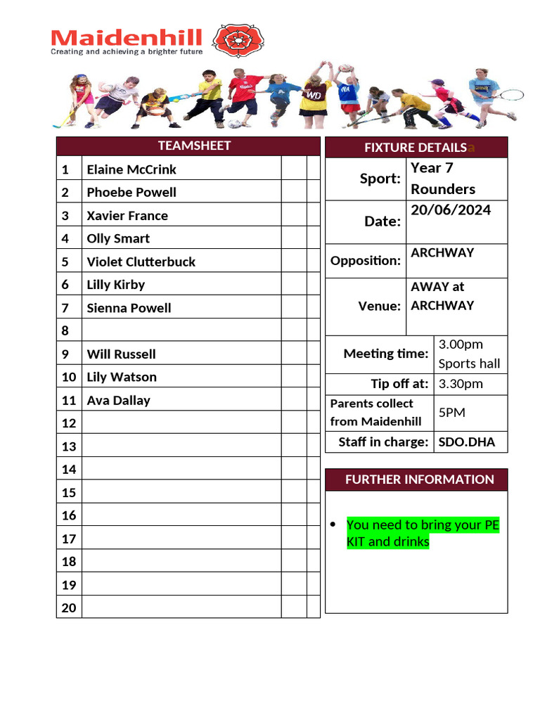 Year 7 Rounders Fixture Details | PDF