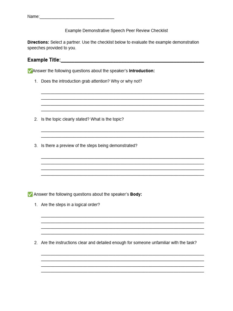 Example Demonstrative Speech Peer Review Checklist | PDF | Cognition ...