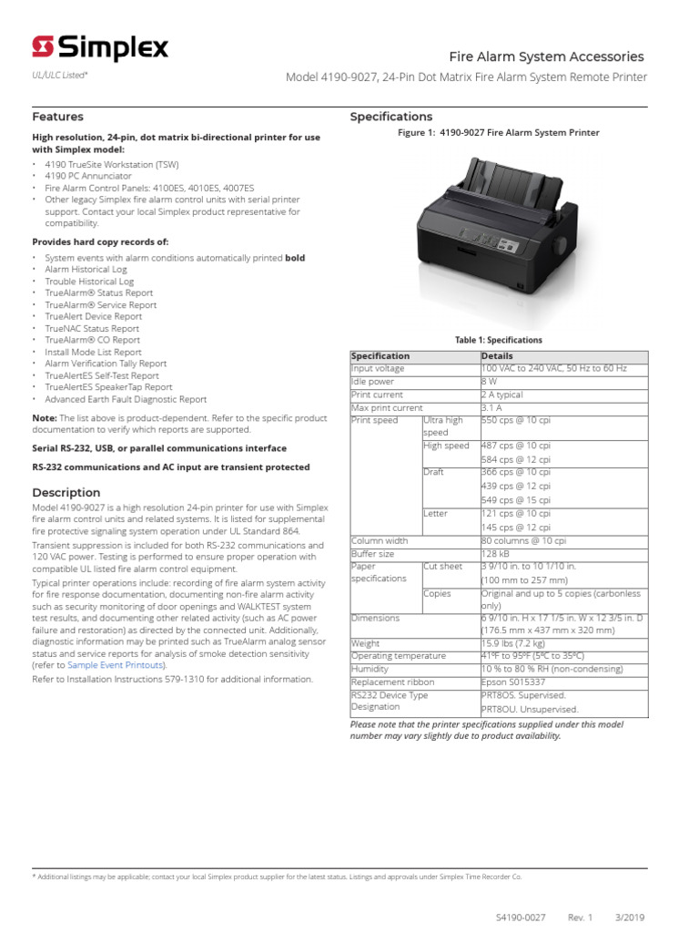 Model 4190-9027, 24-Pin Dot Matrix Fire Alarm System Remote Printer ...