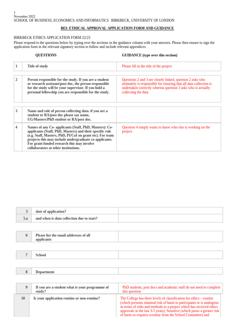 BEI Ethics Application Form 2022 | PDF | Risk | Consent