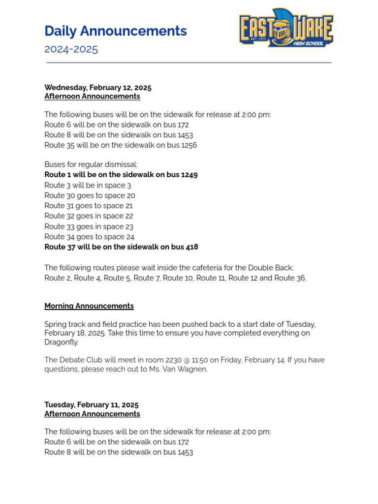 2024-2025 - Daily Announcements | PDF | Bus | School Counselor