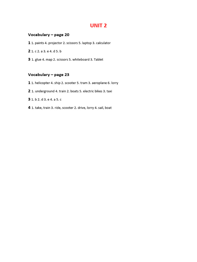 Answer Key Voc. Basic Practice Unit 2 | PDF