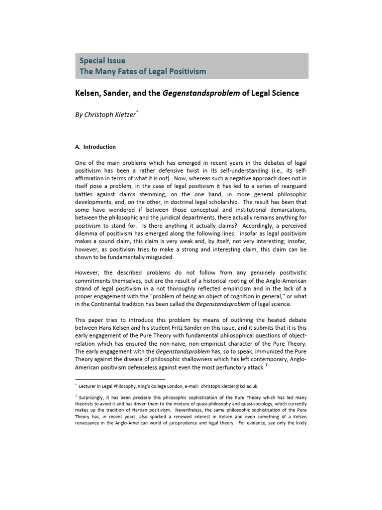 Kletzer on Kelsen and Legal Positivism | PDF | Immanuel Kant | Positivism