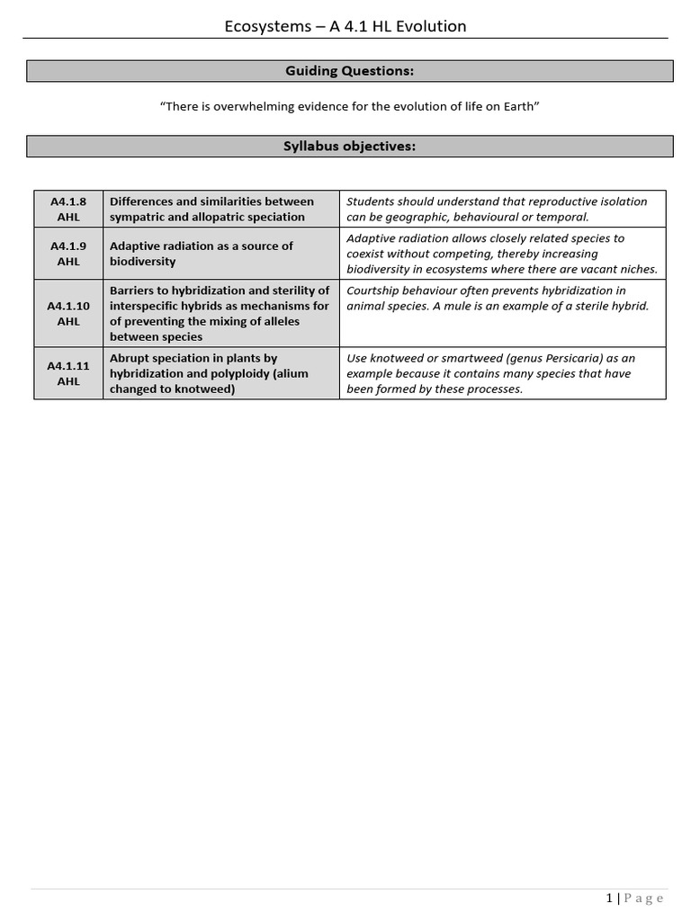 A 4.1 HL Evolution - Student Notes | PDF | Hybrid (Biology) | Species