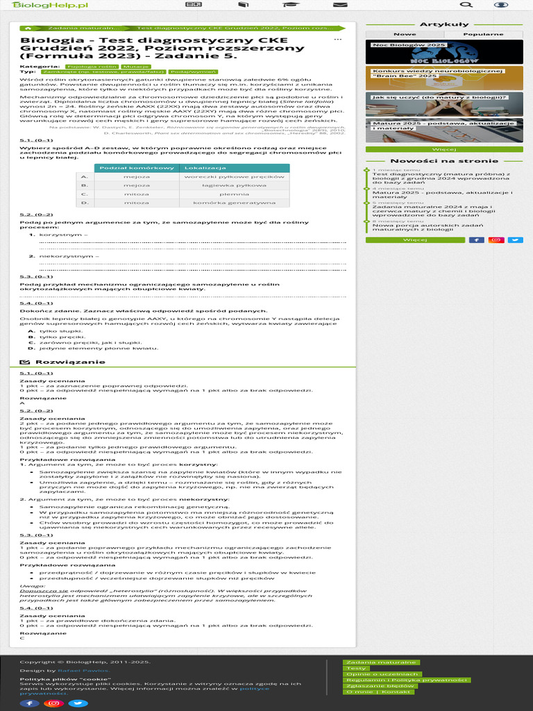 Biologia - Test Diagnostyczny CKE Grudzień 2022, Poziom Rozszerzony ...