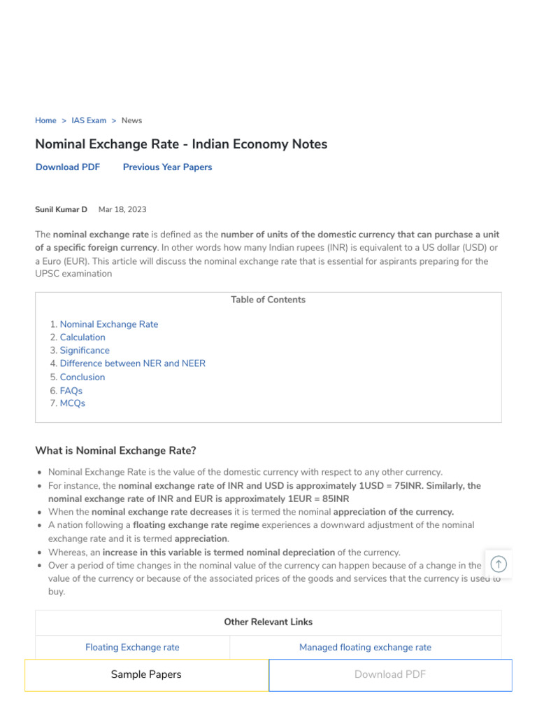 Nominal Exchange Rate - Indian Economy Notes | PDF | Exchange Rate ...