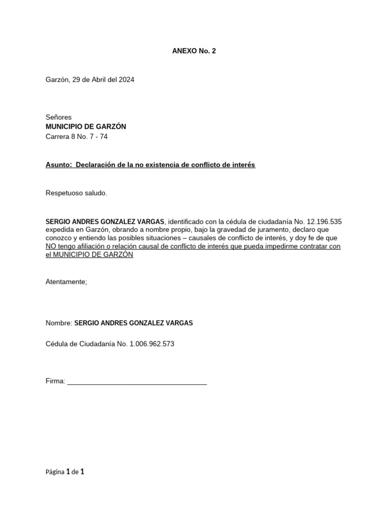 Anexo No. 2 Conflicto de Intereses .. | PDF