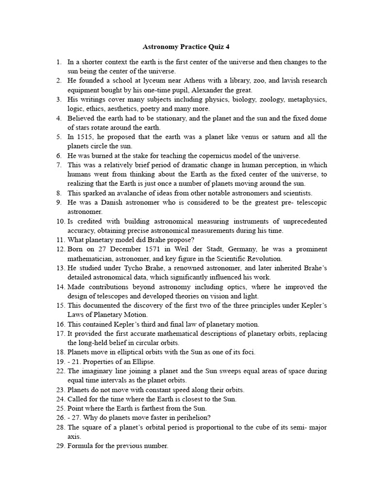 Astronomy - Copernican Revolution and More - Practice Quiz 4 | PDF ...