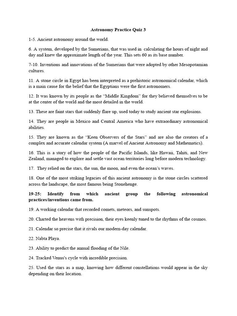 Ancient Astronomy Quiz and Answers | PDF | Astronomy | Physical Sciences